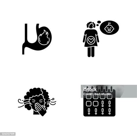 백색 공간에 설정 된 초기 임신 증상 검은 색 문말 아이콘 위장의 가슴 앓이 임신 느낌 냄새 민감성 출산 다산 실루엣 기호입니다 벡터 절연 그림 0명에 대한 스톡 벡터 아트