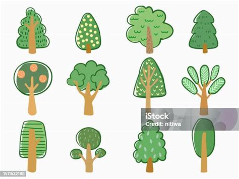 간단한 고립 된 유치한 손으로 그린 선 배경 벽지 질감 배너 레이블 낙서 스케치 벡터 디자인을위한 귀여운 식물 나무 파스텔 색상의 아트 세트 0명에 대한 스톡 벡터 아트 및