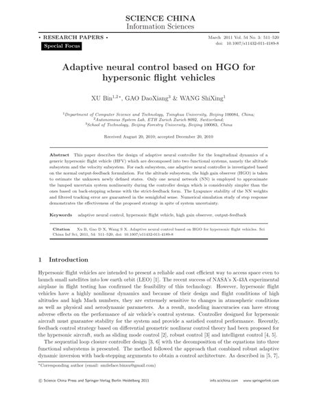 Pdf Adaptive Neural Control Based On Hgo For Hypersonic Flight Vehicles