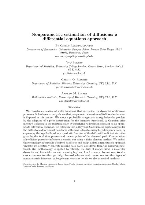 Pdf Nonparametric Estimation Of Diffusions A Differential Equations Approach