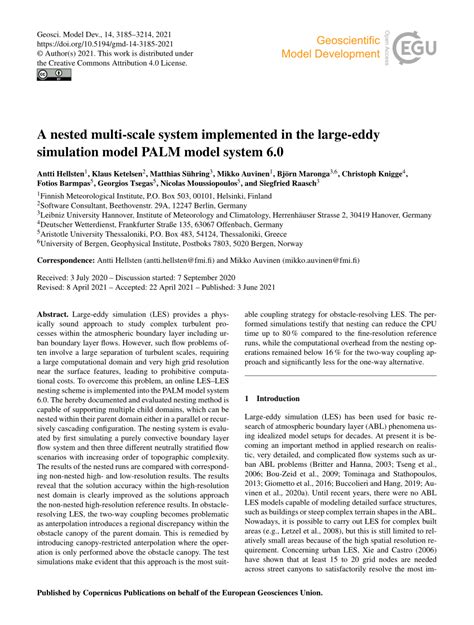 Pdf A Nested Multi Scale System Implemented In The Large Eddy Simulation Model Palm Model