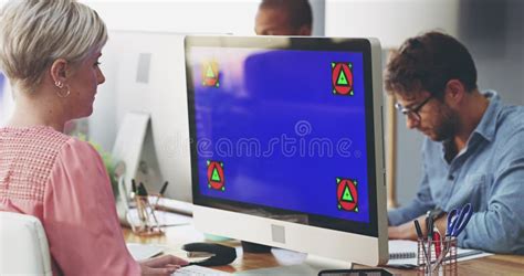 woman computer and green screen with ux web design and typing at desk with startup team web