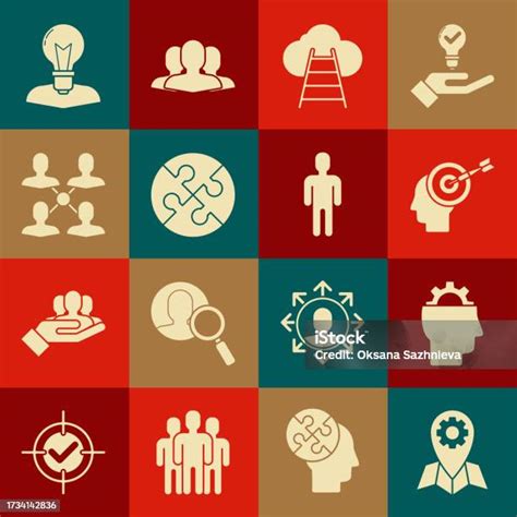 위치 작업 내부에 장비가 있는 인간 머리 사냥 개념 구름으로 이어지는 사다리 퍼즐 조각 프로젝트 팀 기지 헤드 램프 전구 및 사용자 비즈니스 정장 아이콘을 설정합니다 벡터