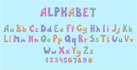 버블 글꼴 만화 어린이 서체 대문자 또는 소문자 기호 영어 문자와 숫자 재미 있는 화려한 알파벳 디자인입니다 패턴화 된 재미있는