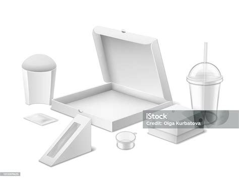 패스트 푸드 패키지 현실적인 3d 빈 골판지 피자 햄버거와 감자 튀김 상자 플라스틱 컵 토핑 소스 미니 용기 흰색 빈 모형 브랜드 Id 템플릿 벡터 격리 세트 3차원 형태에