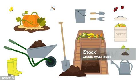 흰색 배경에 고립 된 원예 및 퇴비 도구 세트 퇴비 상자 삽 수레 양동이 물통 부츠 호박 퇴비 용기에 대한 스톡 벡터 아트 및