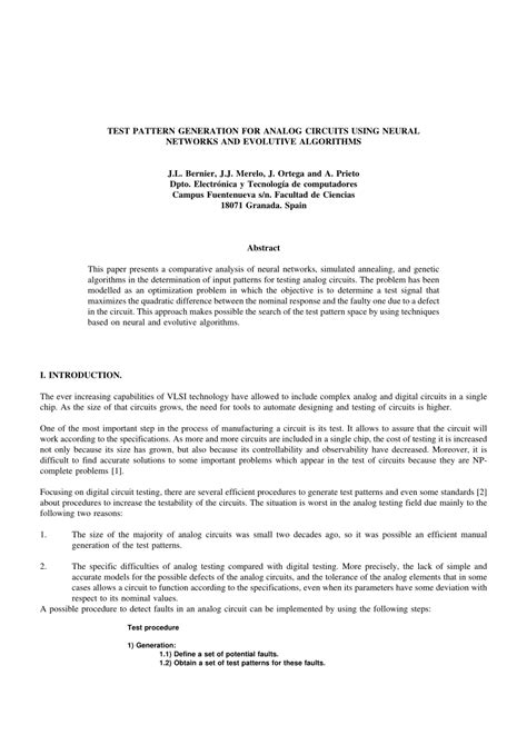 Pdf Test Pattern Generation For Analog Circuits Using Neural Networks And Evolutive Algorithms