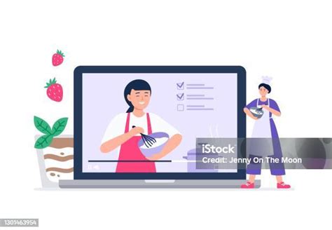 온라인 요리 학습 개념 전문가 블로거 요리사의 코스 온라인 교육 E러닝 가정에서 공부 벡터 플랫 일러스트레이션 부엌에 대한 스톡 벡터 아트 및 기타 이미지 Istock