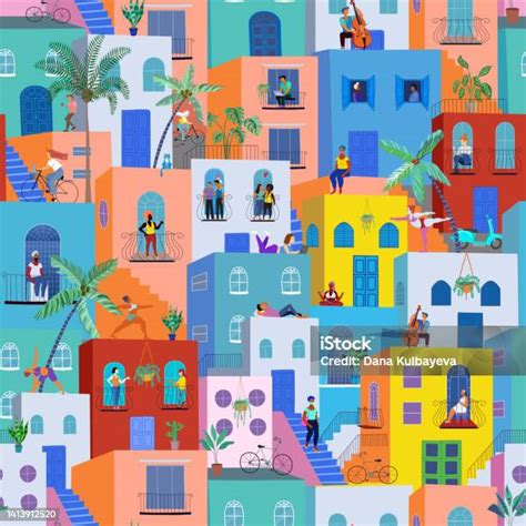 팝 아트 스타일의 완벽한 패턴 발코니와 창문에 캐주얼 한 옷을 입은 사람들 팝 아트에 대한 스톡 벡터 아트 및 기타 이미지 팝 아트 도시 사람들 Istock