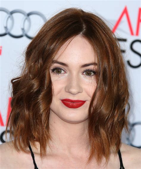 Karen Gillan Medium Wavy Auburn Brunette Hairstyle