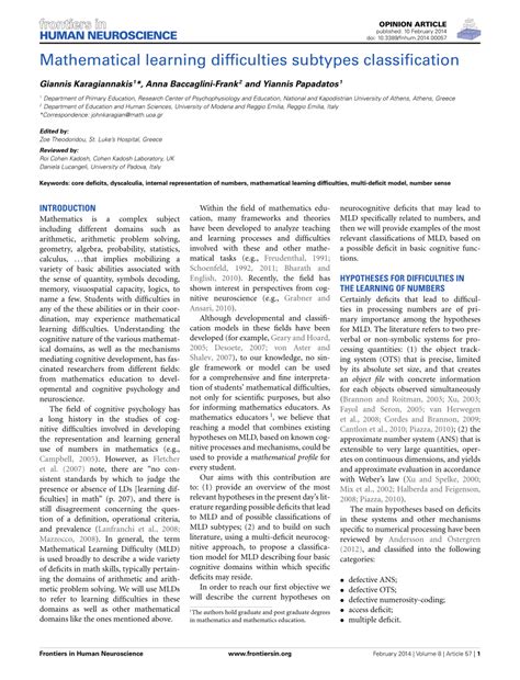 Pdf Mathematical Learning Difficulties Subtypes Classification