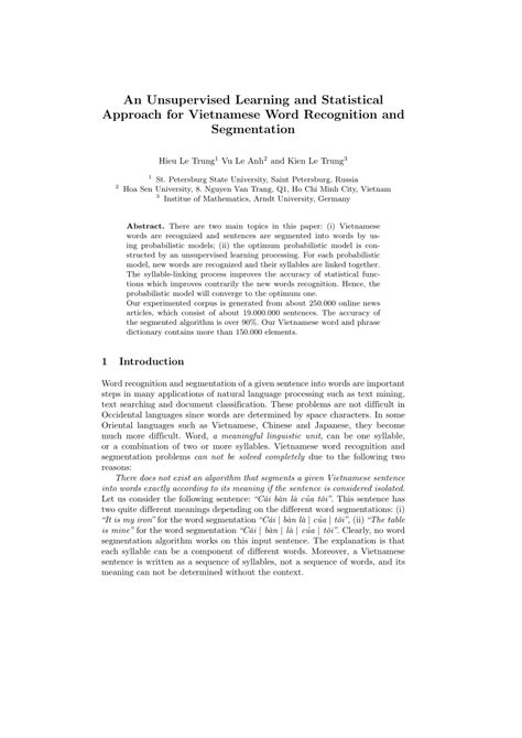 Pdf An Unsupervised Learning And Statistical Approach For Vietnamese