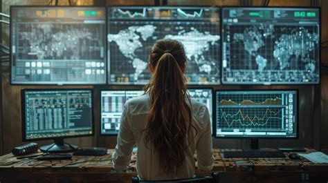 A Businesswoman Analyzing Complex Data On Multiple Computer Screens