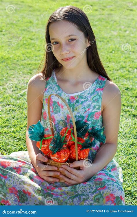 Smiling Cute Teen Girl Holding Basket With Carrot Of Sweet Popco Stock