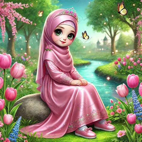 بک گراند کودکانه دختر کوچولوی ناز با حجاب با لباس صورتی نشسته روی تخته سنگ کنار رود در باغ لاله