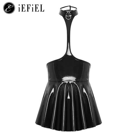 Womens Shiny Metallic Faux Leather Halter Neck Backless A Line Dress