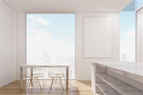 대리석 카운터 테이블 및 투명한 의자가 있는 주방 인테리어 벽에 세로 포스터가 있습니다 3d 렌더링 모의 프리미엄 사진