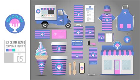기업의 정체성 템플릿 설정 5입니다 아이스크림이 게 카페 레스토랑에 대 한 개념 가 게 자동차 티셔츠 모자 컵 메뉴 고무 스탬프 쿠폰 패키지 모바일 응용 프로그램 이름 카드