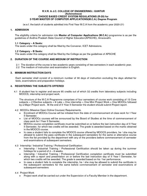 Mca R20 Regulations Pdf Academic Term Massive Open Online Course