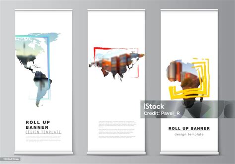 수직 전단지 플래그 디자인 템플릿 배너 스탠드 광고 디자인에 대한 롤업 모형 템플릿의 벡터 레이아웃 세계지도와 컬러 프레임의