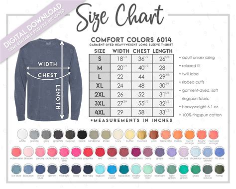 Semi Editable Comfort Colors 6014 Size Color Chart • Comfort Colors
