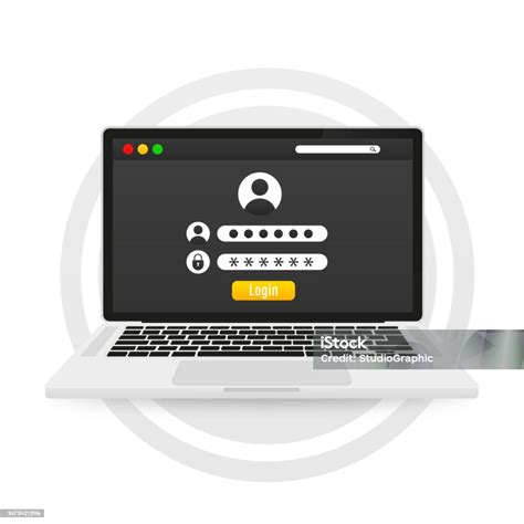 로그인 및 암호 페이지가 있는 노트북 화면의 로그인 양식 사용자 이름 및 암호 필드 노트북 로그인 양식 계정에 로그인합니다 사용자 권한 부여 벡터 그림 가입서에 대한 스톡