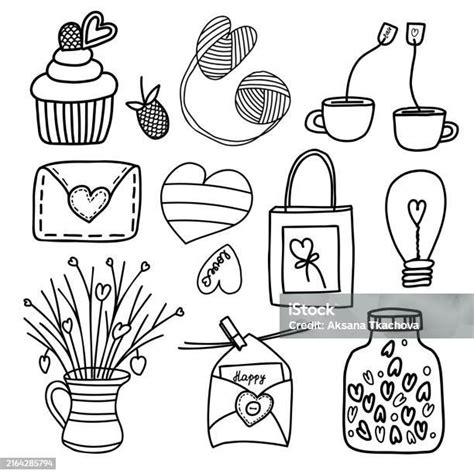 낙서 요소를 사랑하십시오 귀여운 손으로 그린 아이콘 세트입니다 벡터 일러스트 레이 션 인쇄물 엽서 및 색칠 공부 책을 위한 디자인 공휴일에 대한 스톡 벡터 아트 및 기타