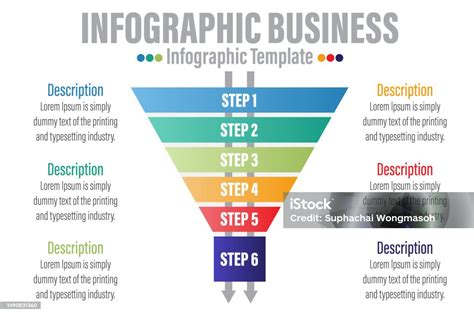 6 개의 6 단계 6 개의 6 옵션 6 개의 6 포인트 목록 및 깔때기가 피라미드 원뿔 방향을 형성하는 슬라이드 프리젠 테이션을위한 인포 그래픽 깔때기 블록 차트 개념 0