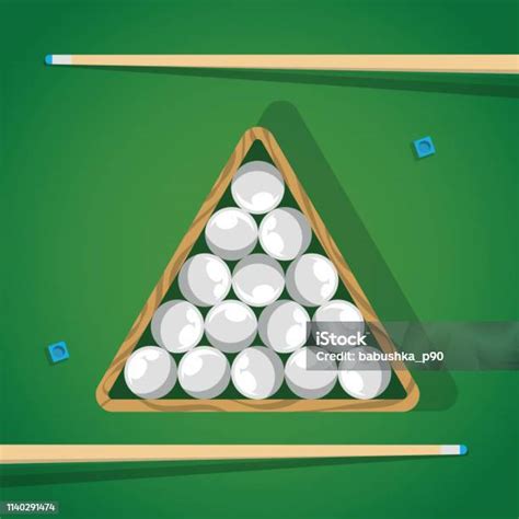 게임에 대 한 녹색 테이블에 삼각형에 당구 막대기와 흰색 풀 공 Biliard 공 삼각형 및 녹색 테이블 평면도에 게임을 위한 큐 가지 식물 부위에 대한 스톡 벡터 아트 및