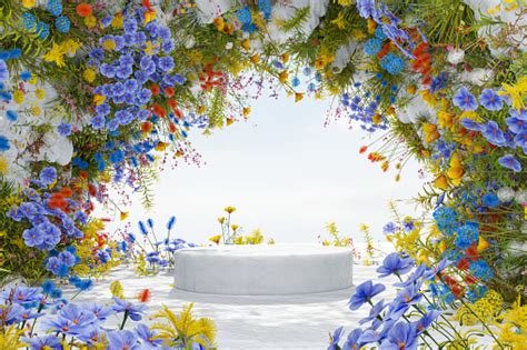 Abstact 3d 렌더링 겨울 장면과 자연 연단 배경 눈 동굴의 눈 땅에 얼음 연단은 제품 디스플레이 광고 등을 위해 다채로운 꽃을 덮었습니다 강단에 대한 스톡 사진 및