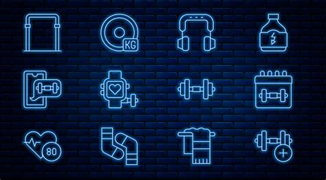 세트 라인 덤벨 캘린더 피트니스 헤드폰 하트가 있는 스마트 워치 피트니스 앱 스포츠 수평 막대 및 웨이트 플레이트 아이콘 벡터