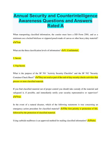 Annual Security And Counterintelligence Awareness Questions And Answers Rated A Scholarfriends