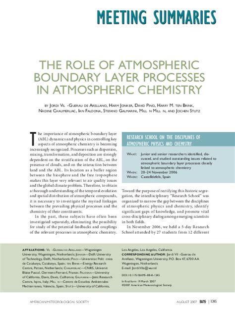 Pdf The Role Of Atmospheric Boundary Layer Processes In Atmospheric Chemistry