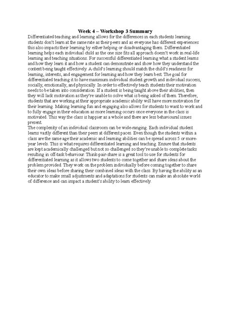 Week 4 Summary Week 4 Workshop 3 Summary Differentiated Teaching And Learning Allows For The