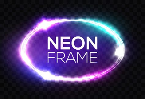 네온 사인 빛나는 빛 플레어와 반짝임 타원형 프레임 어두운 파란색 배경에 전기 밝은 3d 타원형 배너 디자인입니다 네온 추상 타원 배경입니다 투명 벡터 그림입니다 0명에