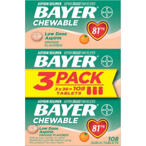 Bayer Aspirin Low Dose Chewable 81 Mg Orange Flavored Tablets 3 Pack Brookshires