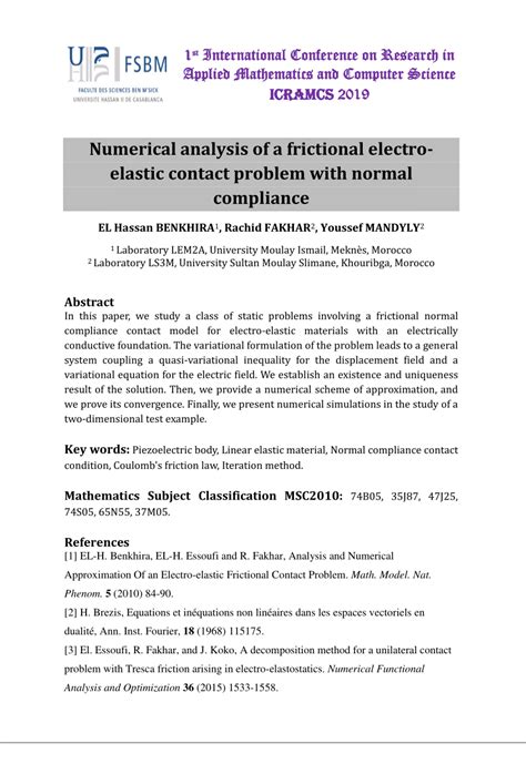 Pdf Numerical Analysis Of A Frictional Electro Elastic Contact Problem With Normal Compliance