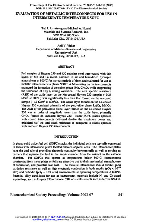 pdf evaluation of metallic interconnects for use in intermediate