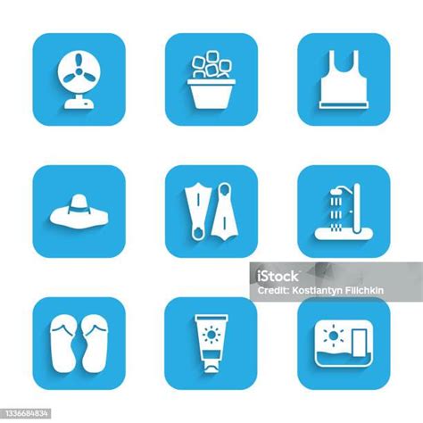 수영 선스크린 크림 튜브 여행 엽서 비치 샤워 플립 플롭 우아한 여성 모자 민소매 티셔츠 및 전기 팬 아이콘을위한 고무 오리발을 설정합니다 벡터 0명에 대한 스톡 벡터 아트