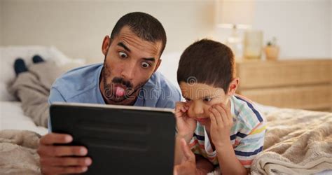 Bed Selfie And Father With Boy Tablet And Silly Face With Fun And