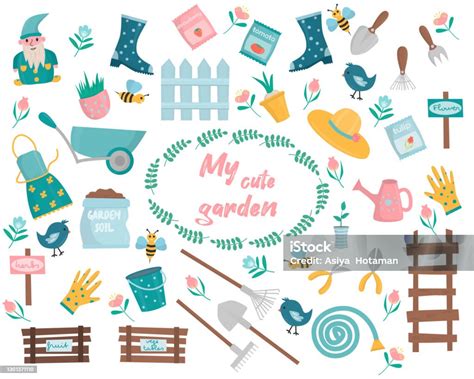 귀여운 원예 세트 정원 도구 및 장비 작업 옷 장식 요소 꽃과 식물 새와 꿀벌과 오르하드 컬렉션 스프링 플랫 벡터 일러스트레이션 삽에 대한 스톡 벡터 아트 및 기타 이미지