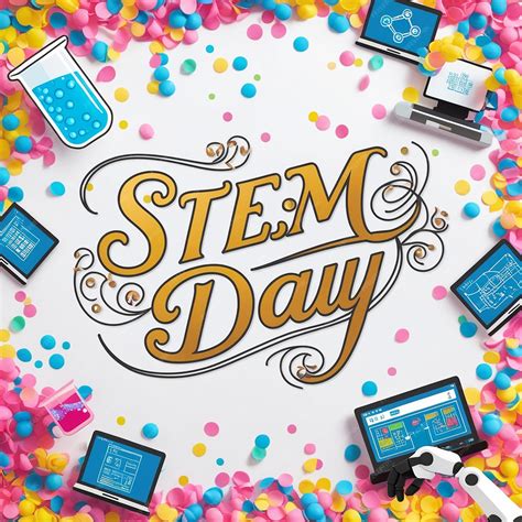 Elegant Celebrate Stem Day Festive Script With Confetti Stem Icons