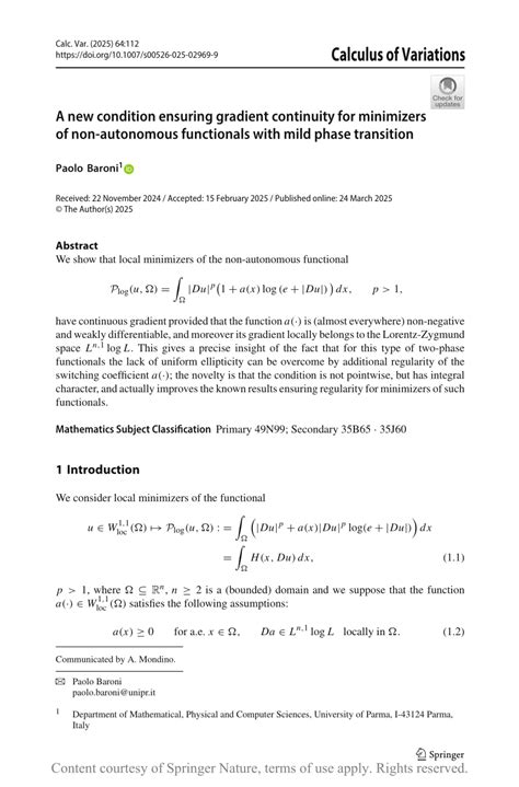 Pdf A New Condition Ensuring Gradient Continuity For Minimizers Of Non Autonomous Functionals