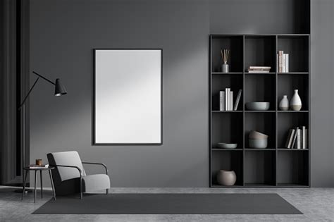 안락의자 책장 및 모형 포스터가있는 어두운 객실 인테리어 0명에 대한 스톡 사진 및 기타 이미지 0명 3차원 형태 가정의