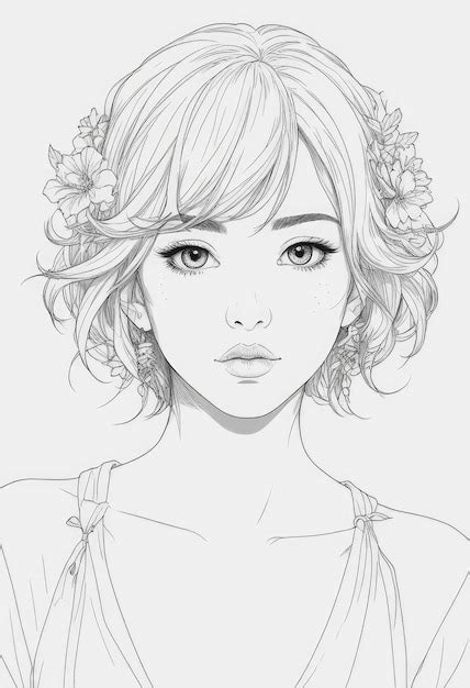 A Sketch Of A Girl With Flowers In Her Hair Premium Ai Generated Image