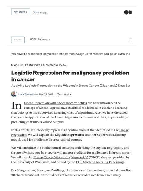 logistic regression for malignancy prediction in cancer by luca