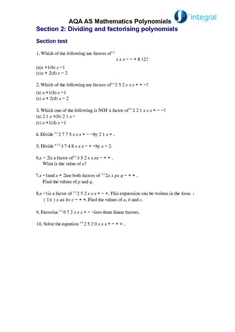 SOLUTION Aqa A Level Maths Dividing And Factorising Polynomials Exam With Answers Studypool