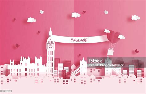 파노라마 여행 엽서와 런던 종이 종이 접기 스타일의 영국 유명한 랜드 마크의 포스터 사랑과 허니문 여행 개념 벡터 그림입니다 0