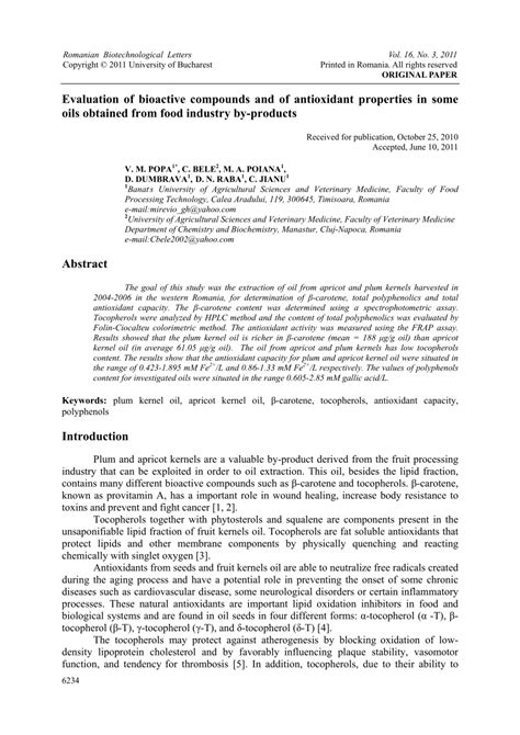 Pdf Evaluation Of Bioactive Compounds And Of Antioxidant Properties In Some Oils Obtained From