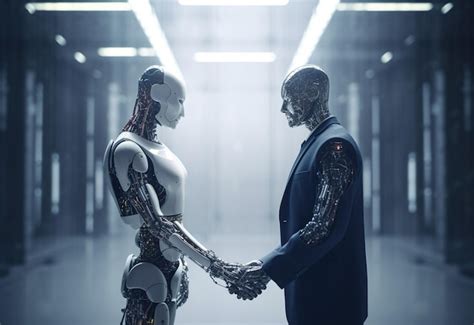 Two Cyborgs Shaking Hands With Each Other In Modern Office Generative